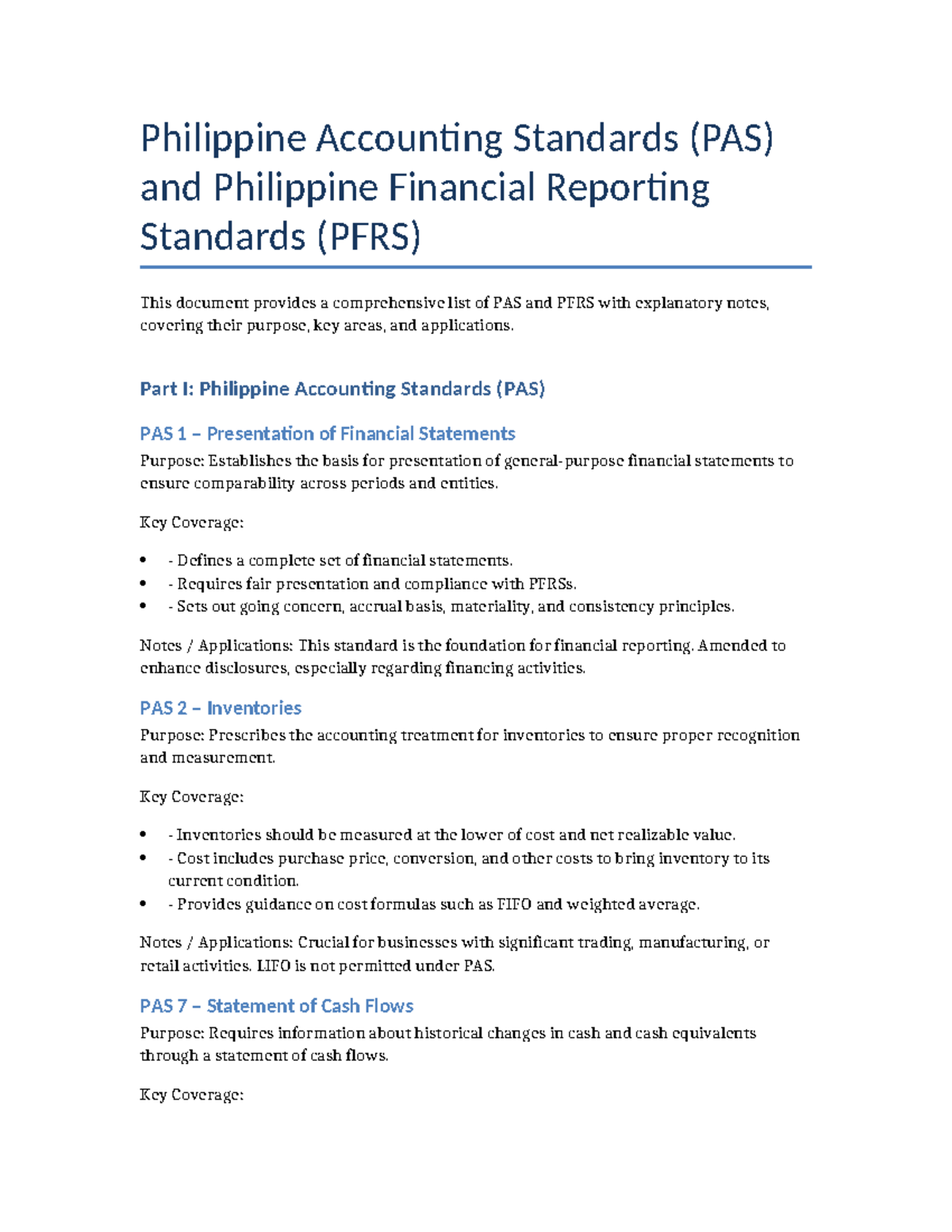 PAS & PFRS Explanatory Notes: Key Standards Overview - Studocu