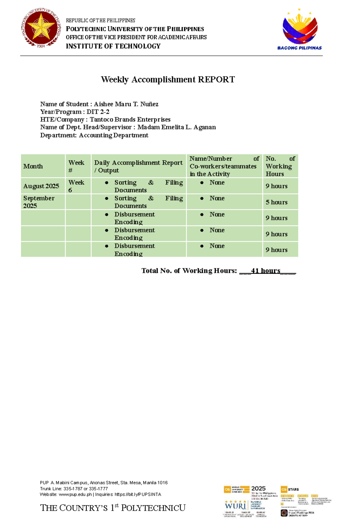 Weekly Accomplishment Report (OJT) - WK6 by Aishee Maru Nuñez - Studocu