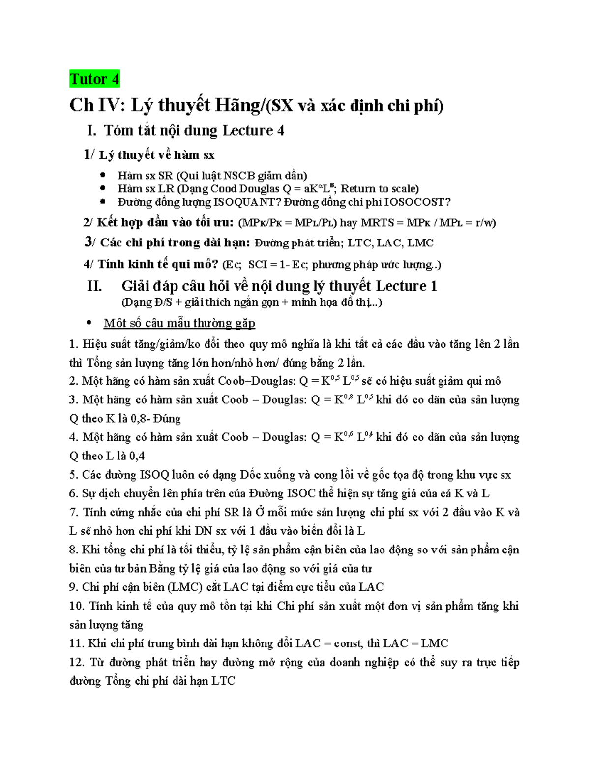 Tutor 4 Ch IV: Lý thuyết và Chi phí trong Sản xuất - Studocu