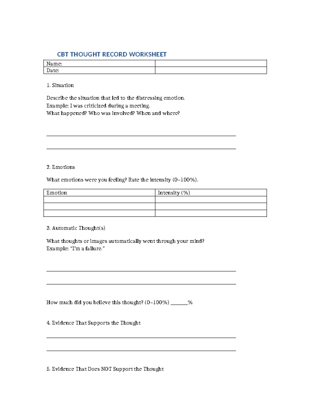 CBT THOUGHT RECORD WORKSHEET: A Guide for Self-Reflection - Studocu