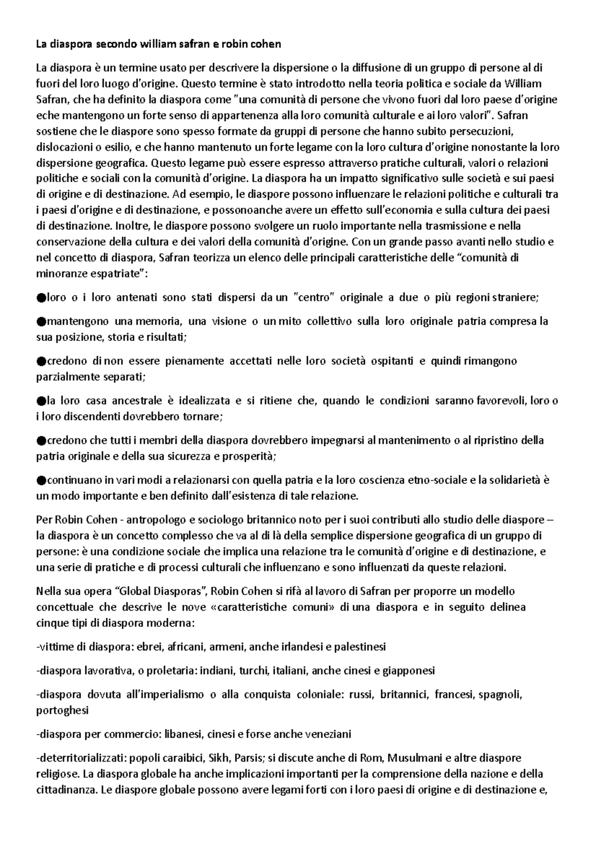 La diaspora secondo william safran e robin cohen - Questo termine è ...