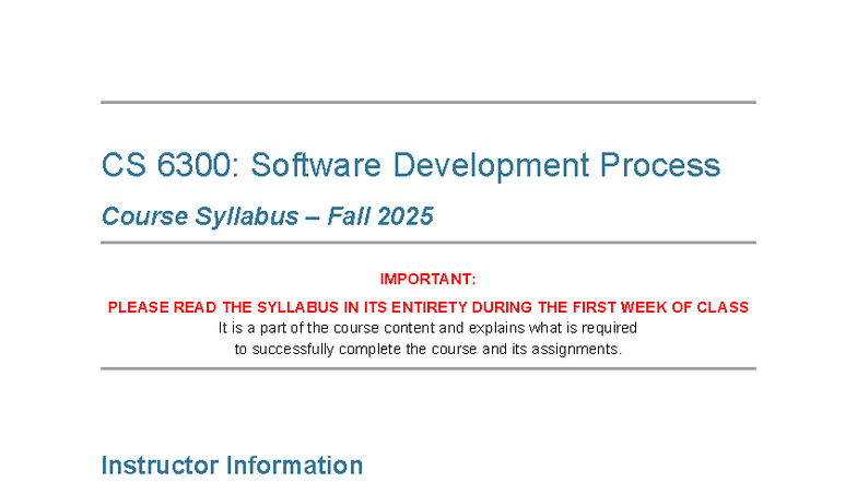 CS 6300: Software Development Process Syllabus - Fall 2025 - Studocu