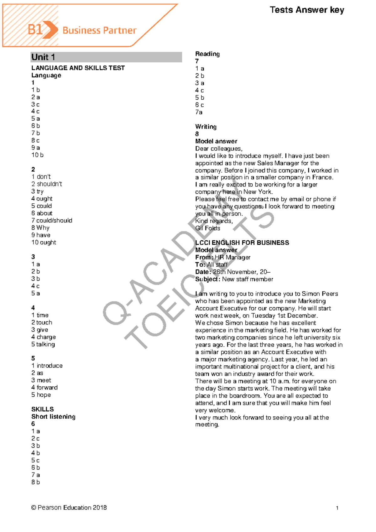 Q-Academy-BP B1 Tests Answer Key and Model Answers - Studocu