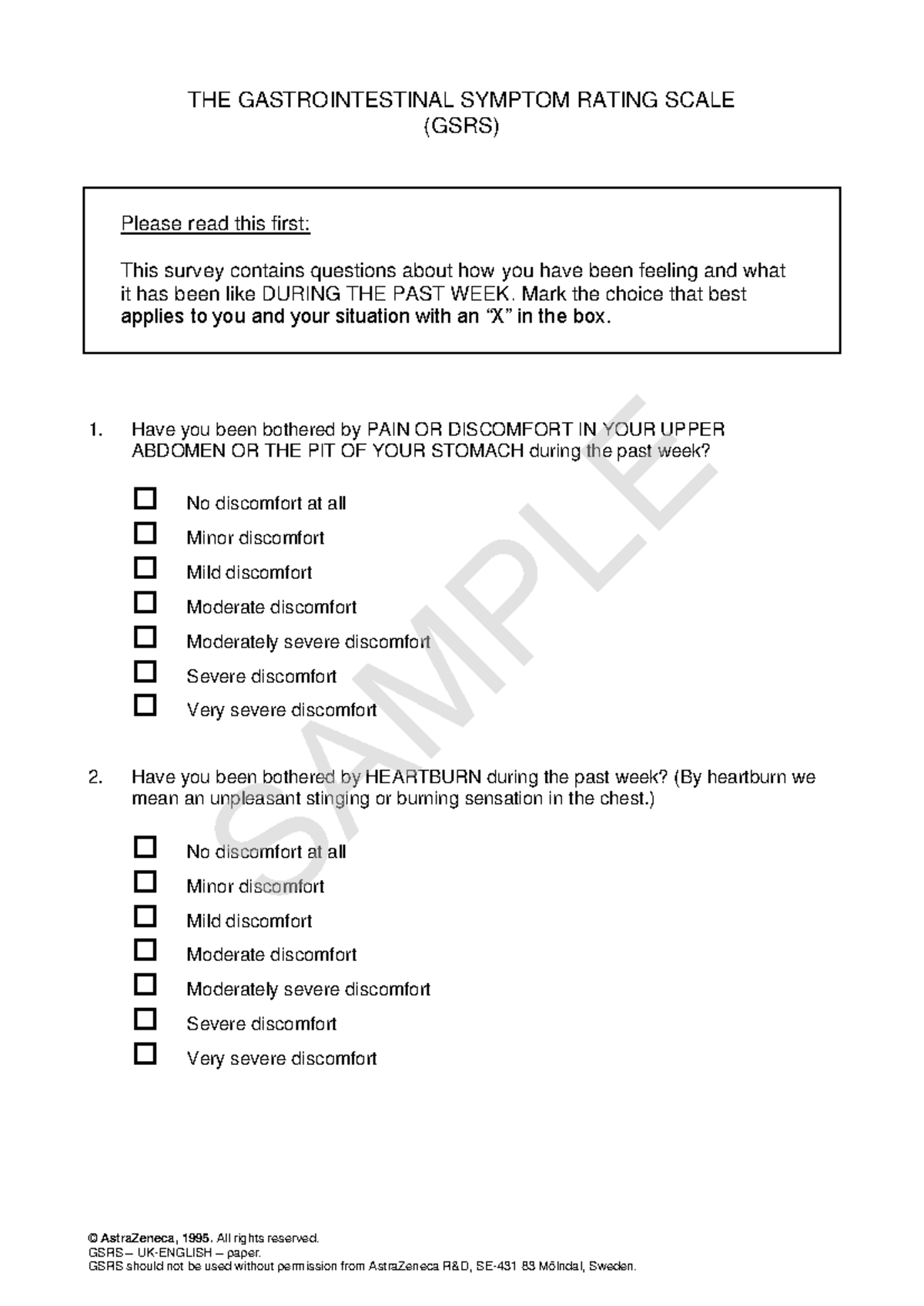 GSRS (Gastrointestinal Symptom Rating Scale) Survey - 1995 Edition ...