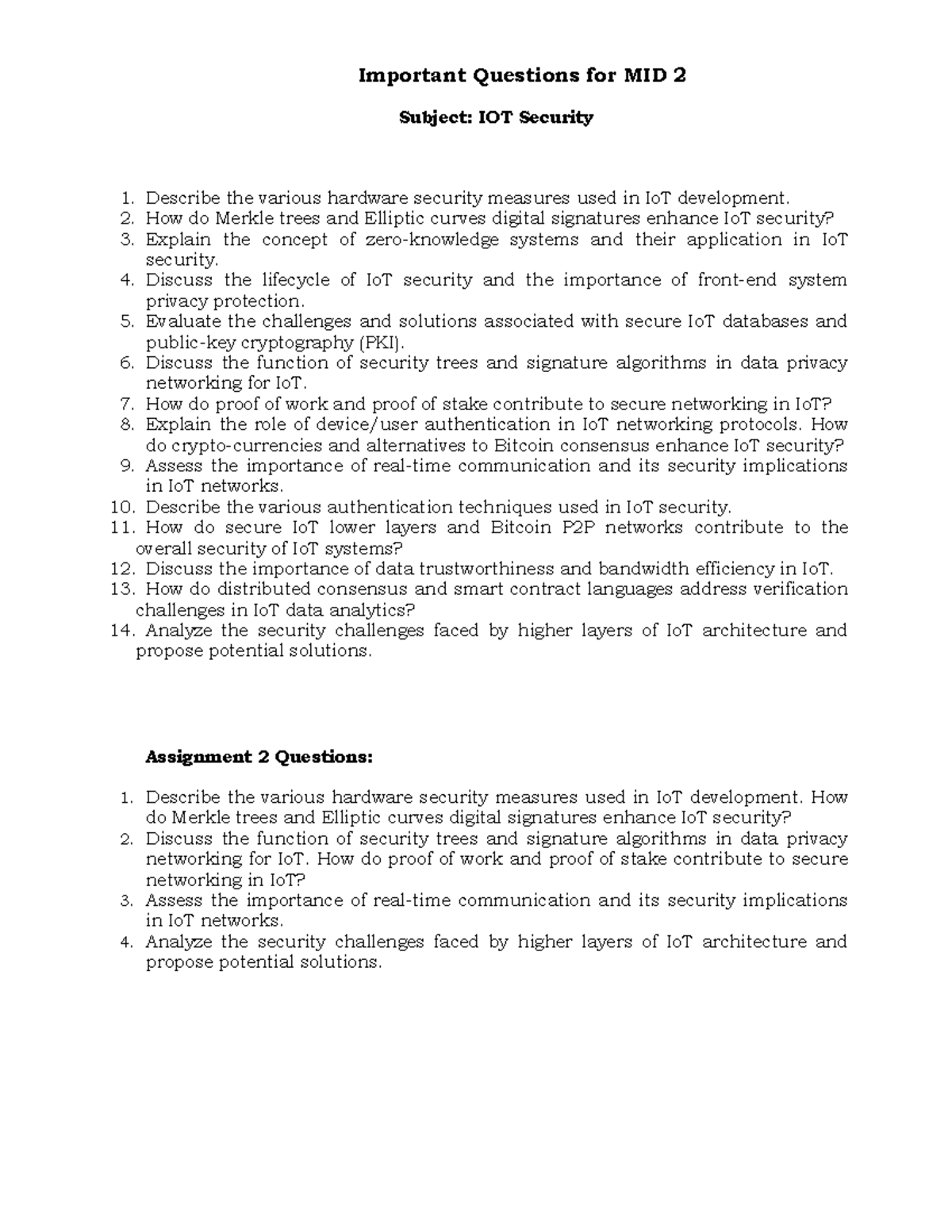 IOT Security Important Questions for MID 2 Exam Review - Studocu
