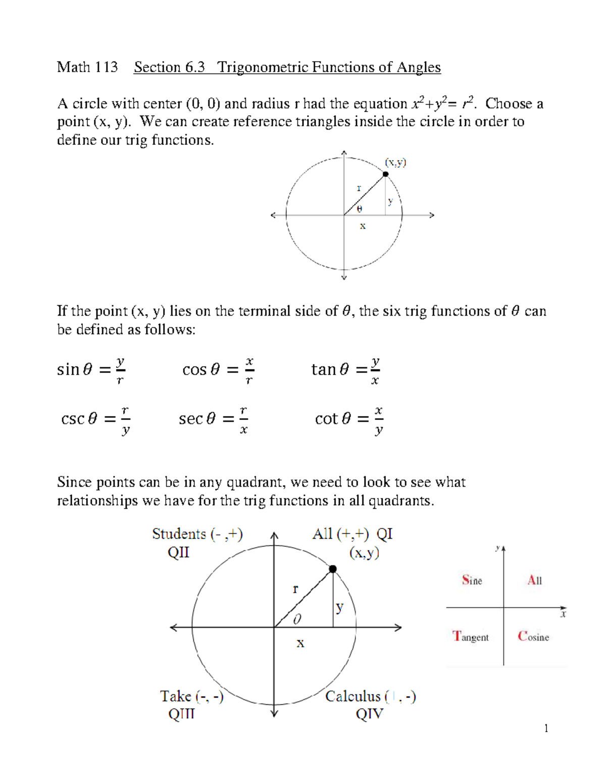 Math 113: Trigonometric Functions of Angles - Section 6.3 - Studocu