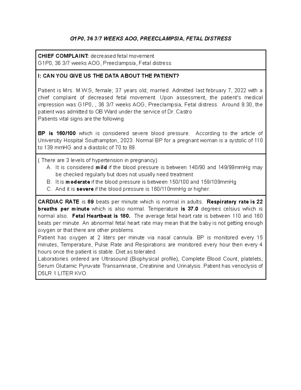 G1P0 Preeclampsia & Fetal Distress Notes for Maternal Health Study ...