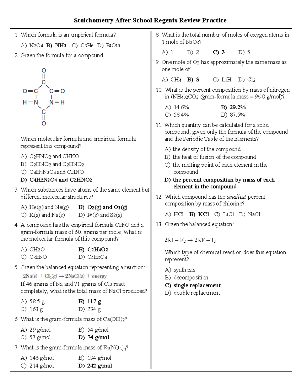 Stoichiometry After School Regents Review Practice Key - Studocu