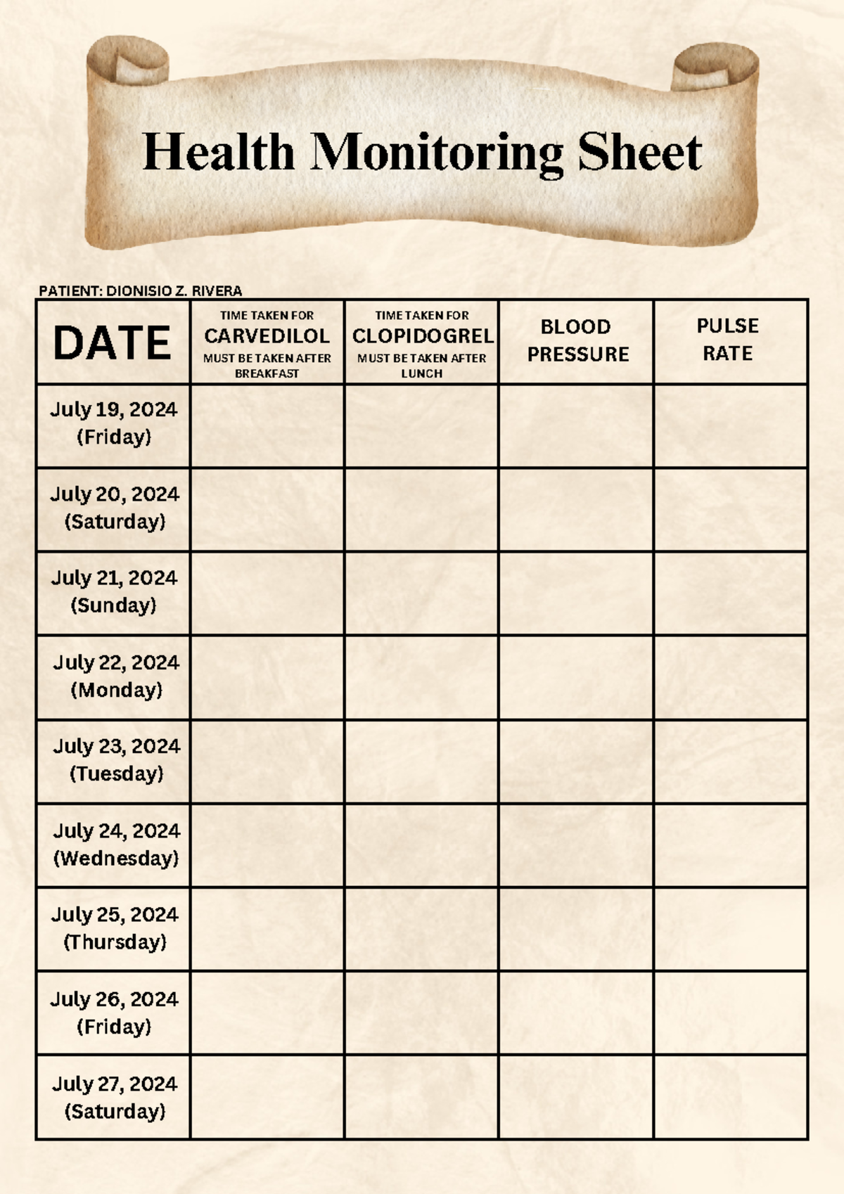 Health Monitoring Sheet for Carvedilol and Clopidogrel Patients - Studocu