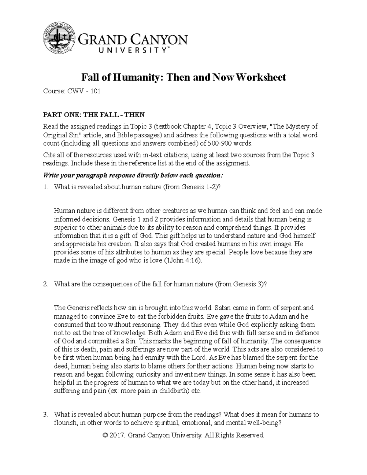 CWV 101 T3 Fall of Humanity Worksheet: Analyzing Sin and Purpose - Studocu