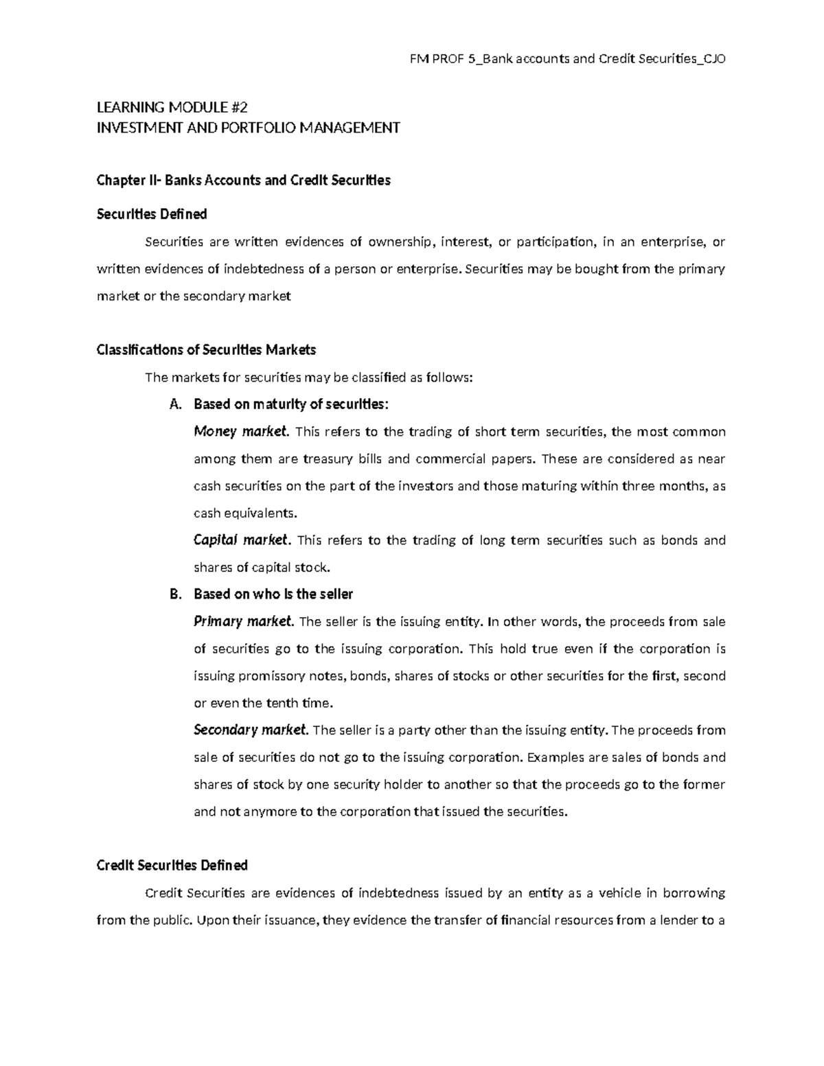 FM PROF 5_Bank Accounts and Credit Securities_CJO Learning Module - Studocu