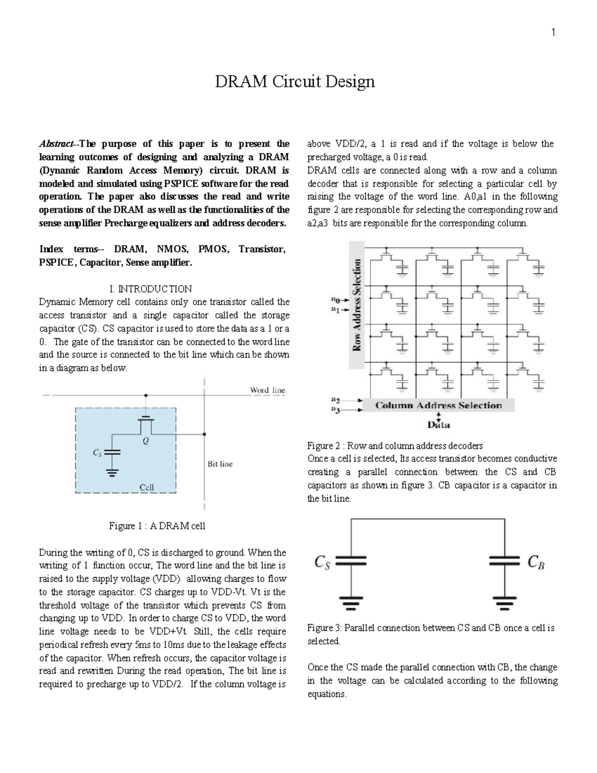 Dynamic Random Access memory project - 1 DRAM Circuit Design purpose of ...