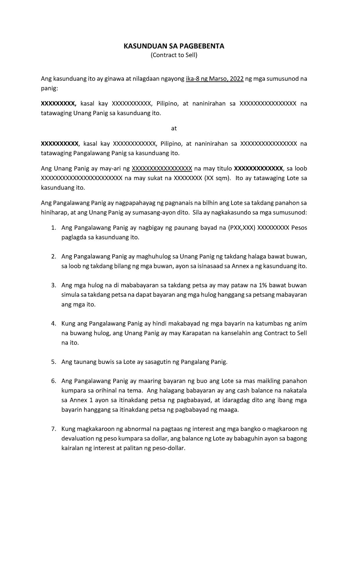 Kasunduan sa Pagbebenta: Contract to Sell (March 2022) - Studocu
