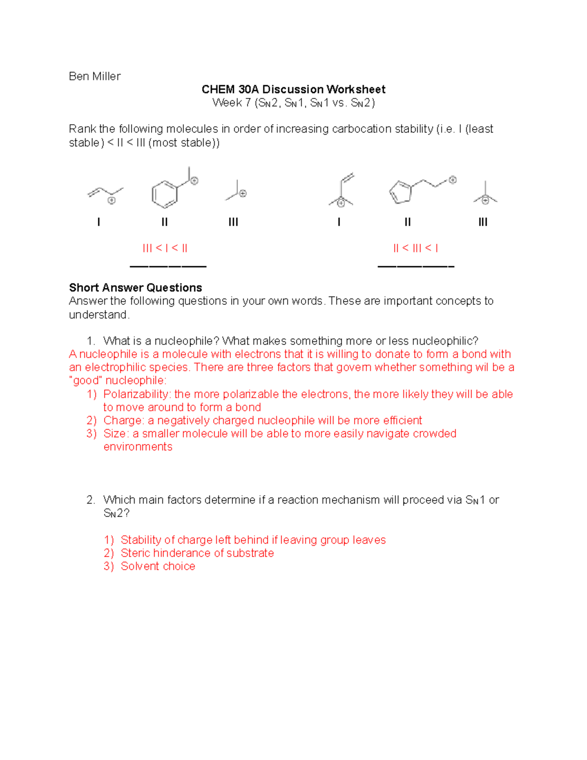 Chem 30A Week 7 Discussion Worksheet Answer Key (SN1 vs. SN2) - Studocu