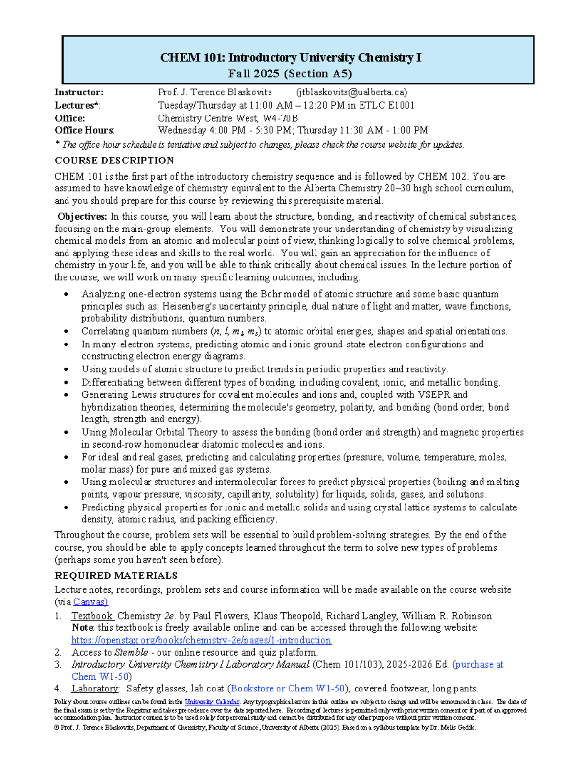 CHEM 101 A5: Syllabus for Introductory Chemistry I (Fall 2025) - Studocu