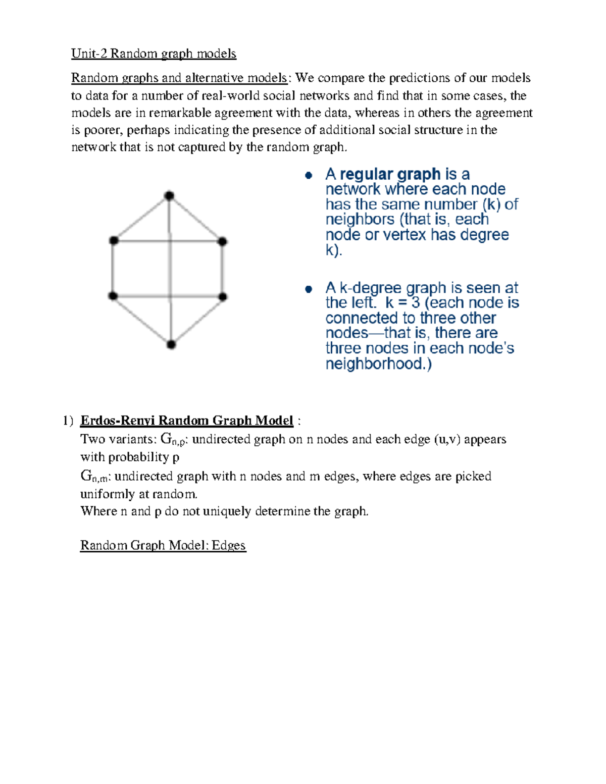 Unit-2(Random graph models) - Unit-2 Random graph models Random graphs ...