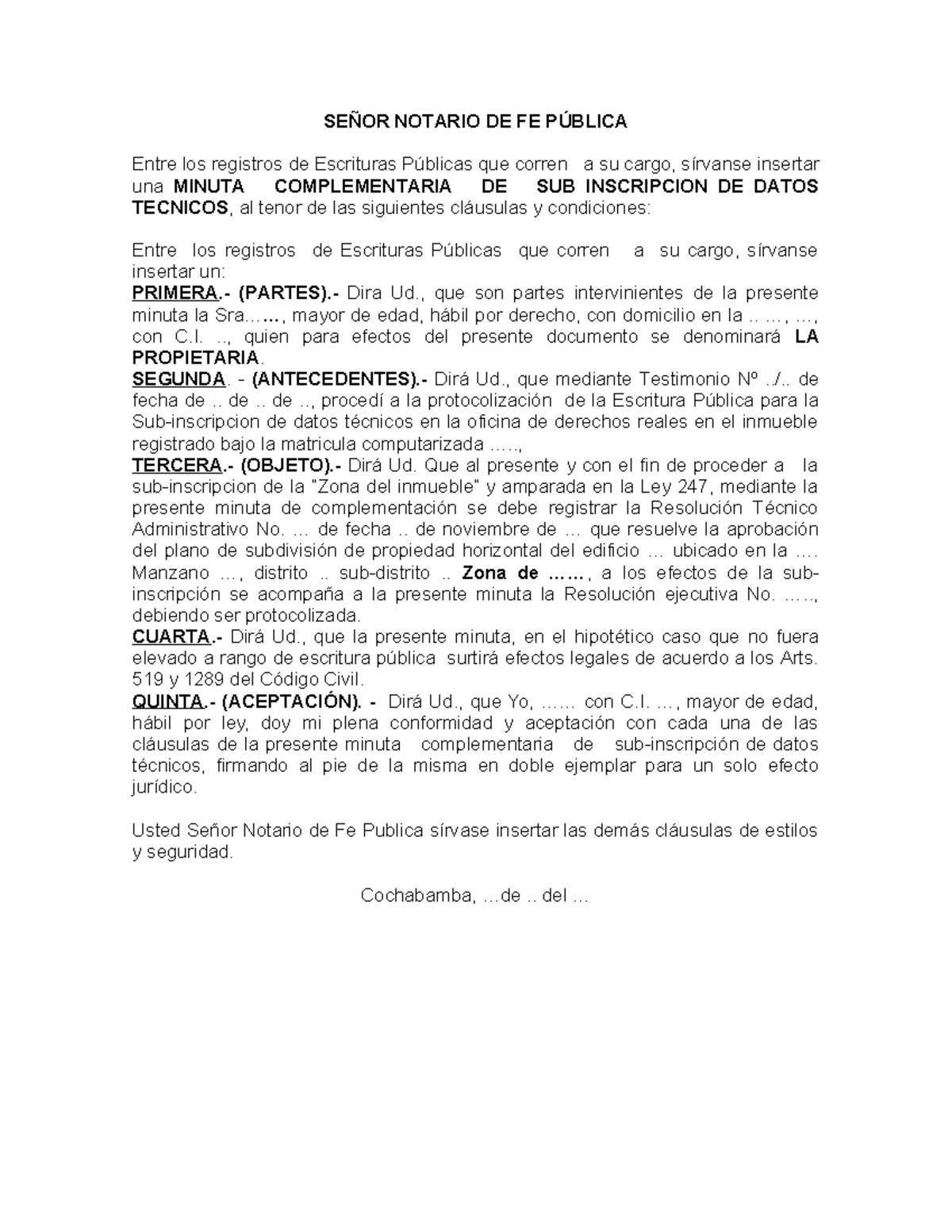 Minuta Complementaria de Sub Inscripción de Datos Técnicos - Studocu