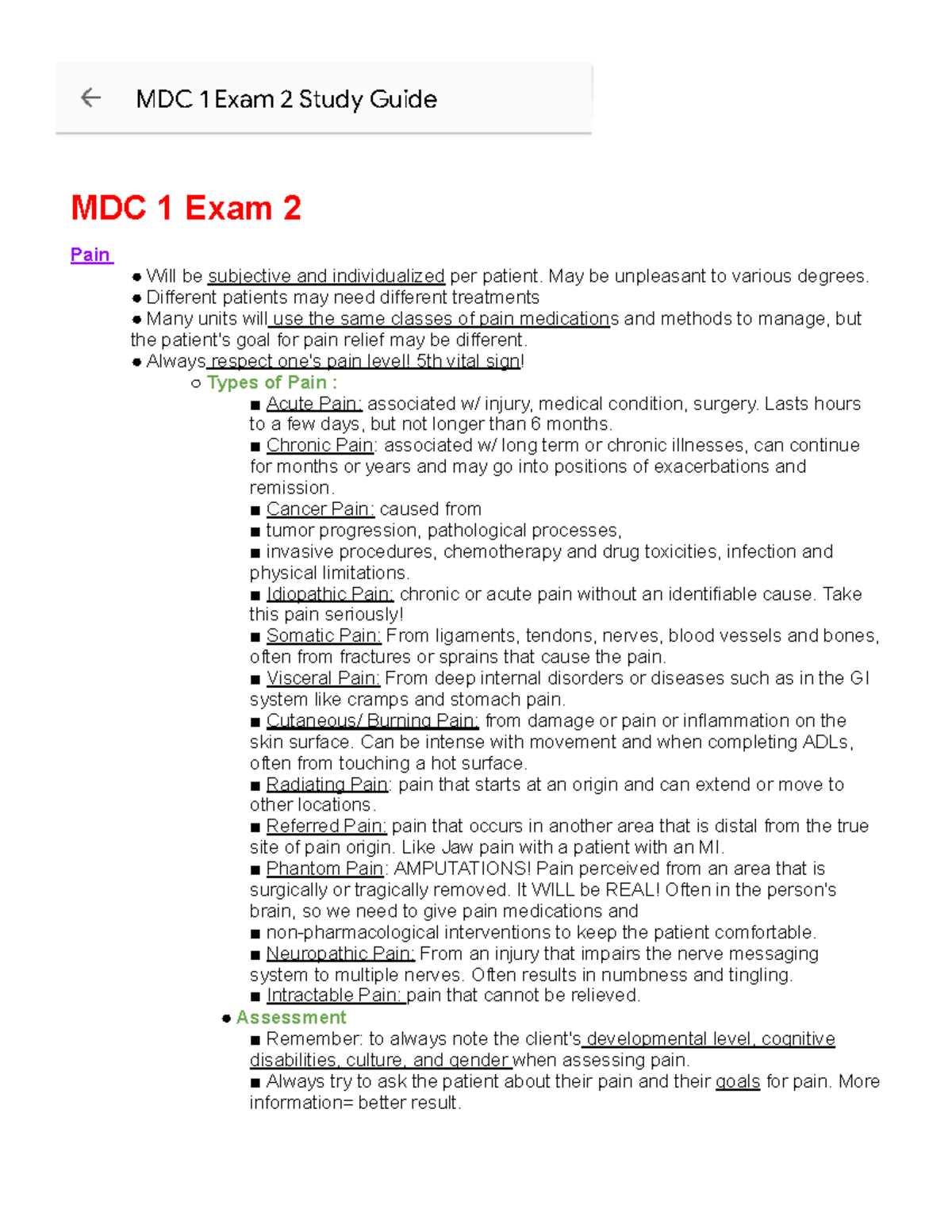 MDC 1 Exam 2 Study Guide: Understanding Pain Management & Body ...