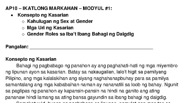 AP10 Q3 Module #1: Konsepto ng Kasarian at Gender Roles - Studocu