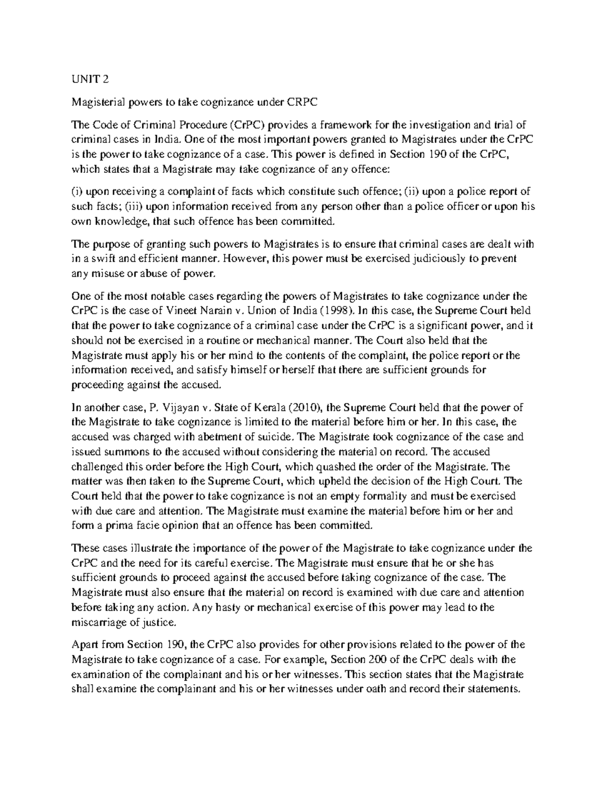 CrPC Unit 2: Understanding Magisterial Powers and Cognizance - Studocu