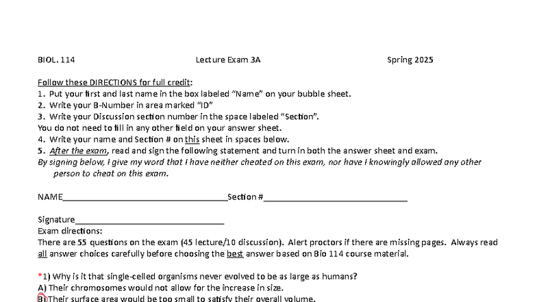 BIOL. 114 Lecture Exam 3A Practice Questions Spring 2025 - Studocu