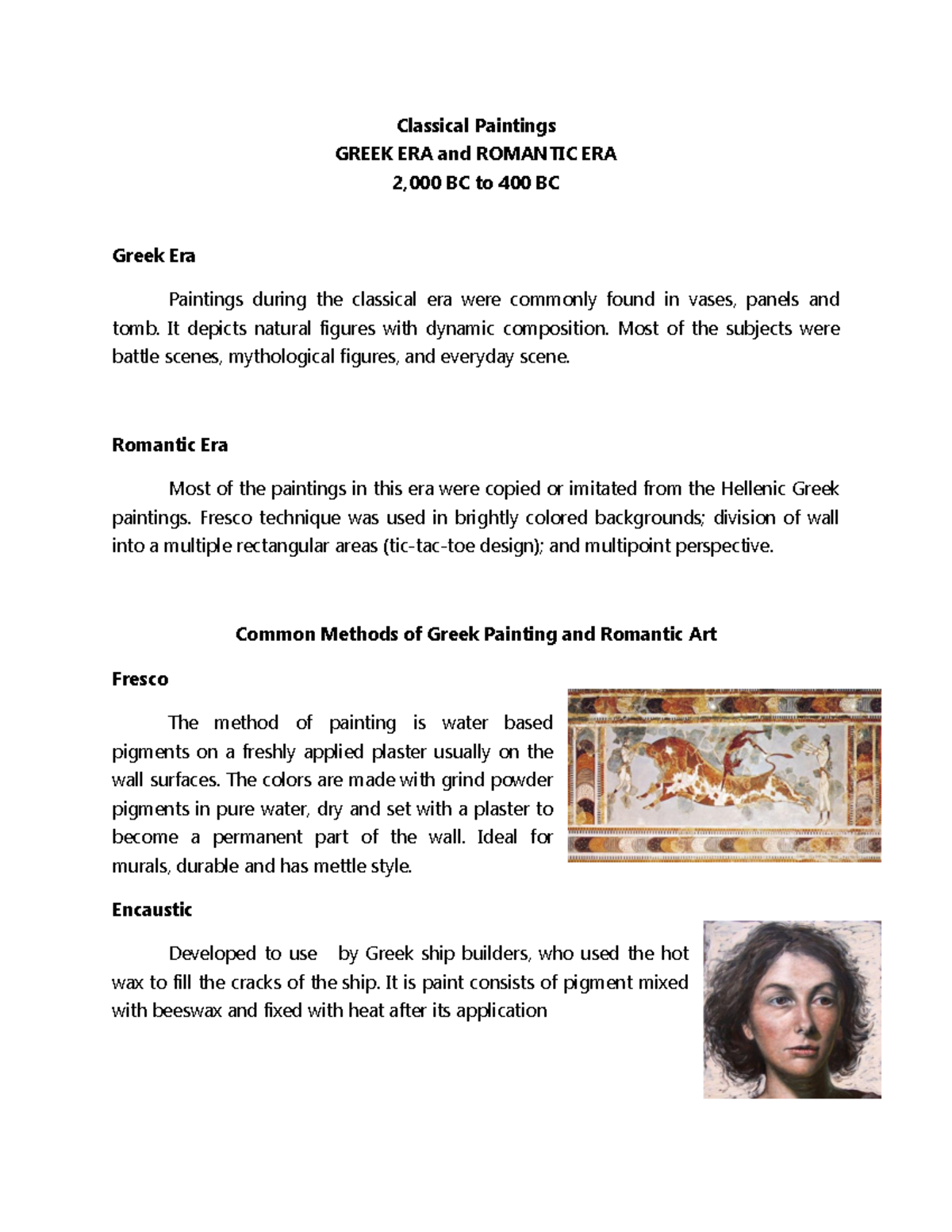 Classical Greek & Romantic Era Paintings Overview (MAPEH-9) - Studocu
