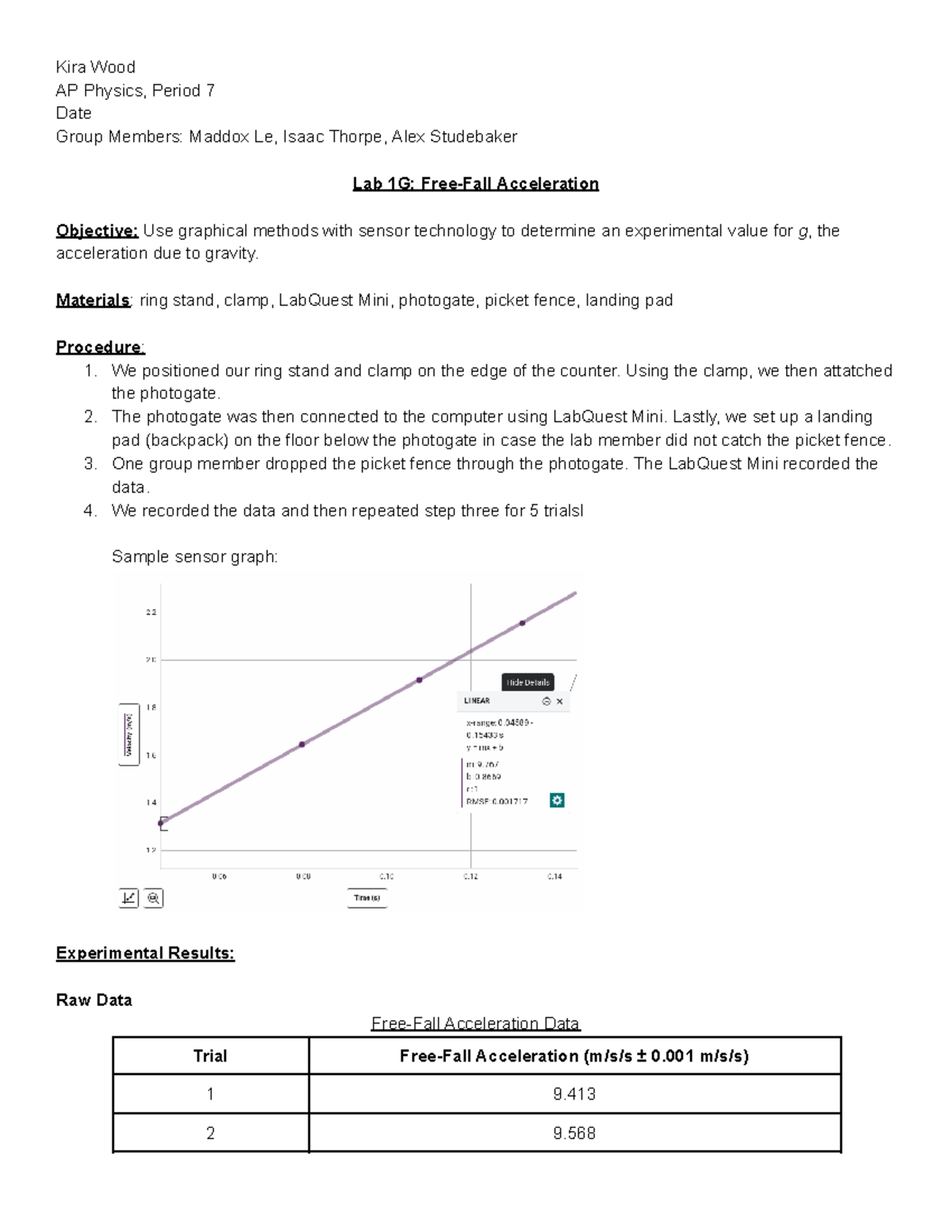 Lab 1G - Free-Fall Acceleration Experiment Notes (AP Physics) - Studocu