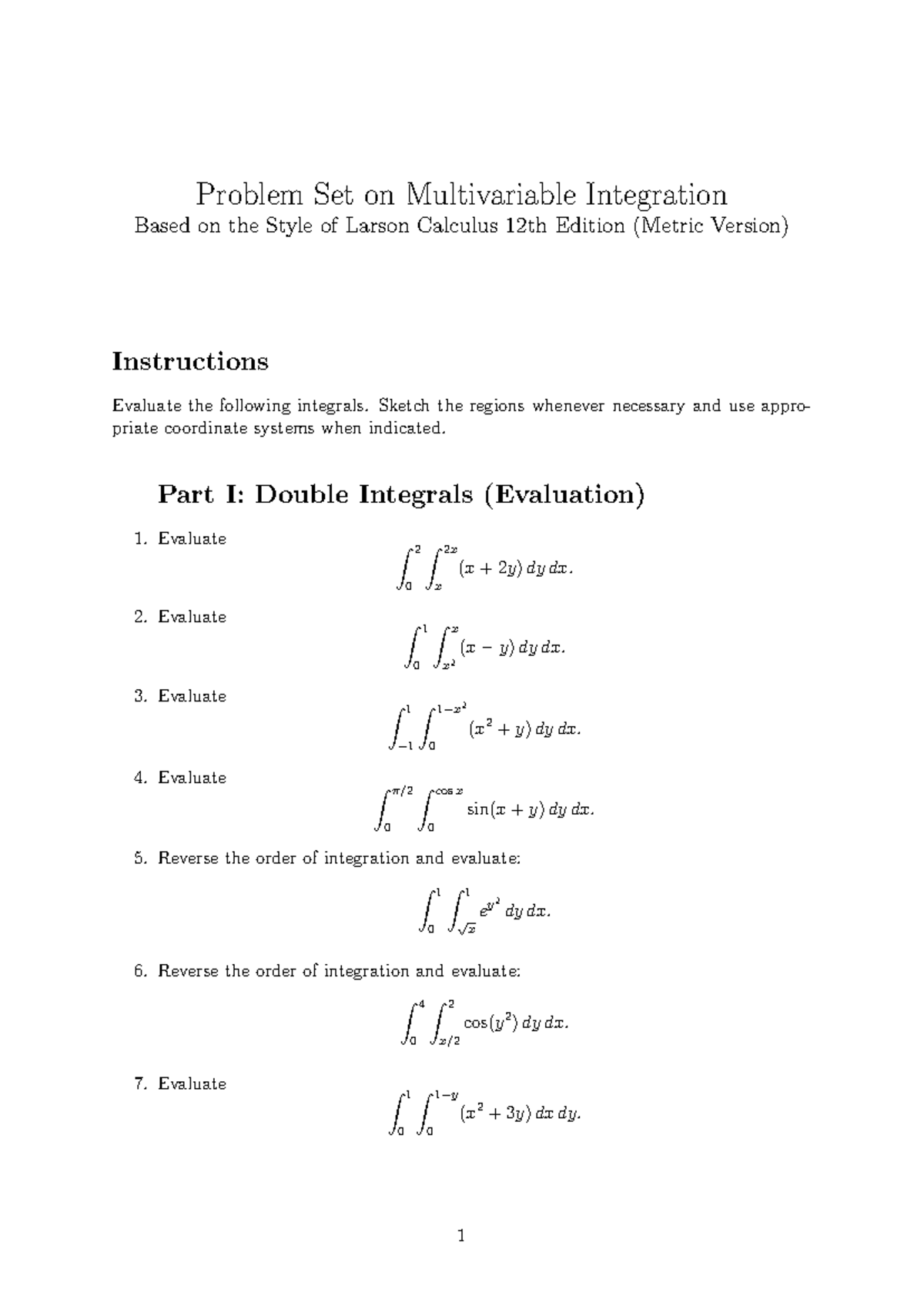 Multivariable Integration Problem Set (Calc 12th Ed) - Studocu