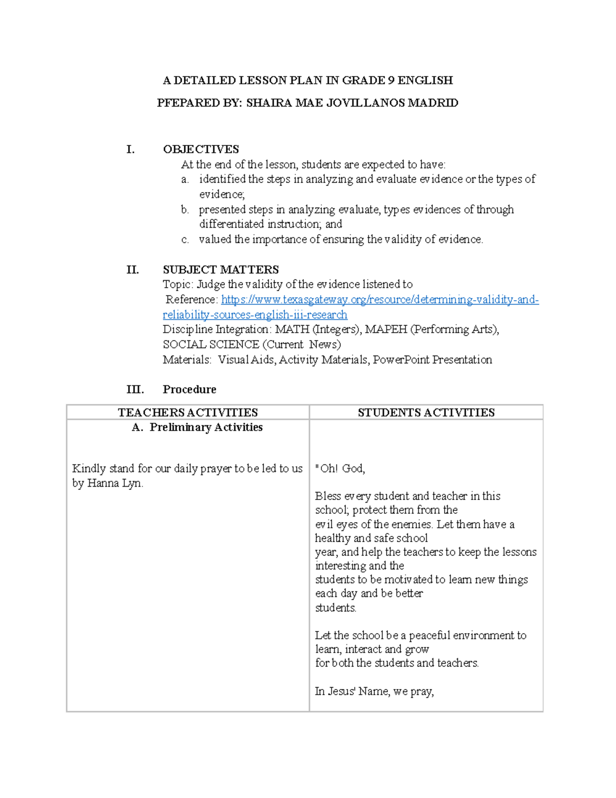 Grade 9 English Detailed Lesson Plan: Validity of Evidence Analysis ...