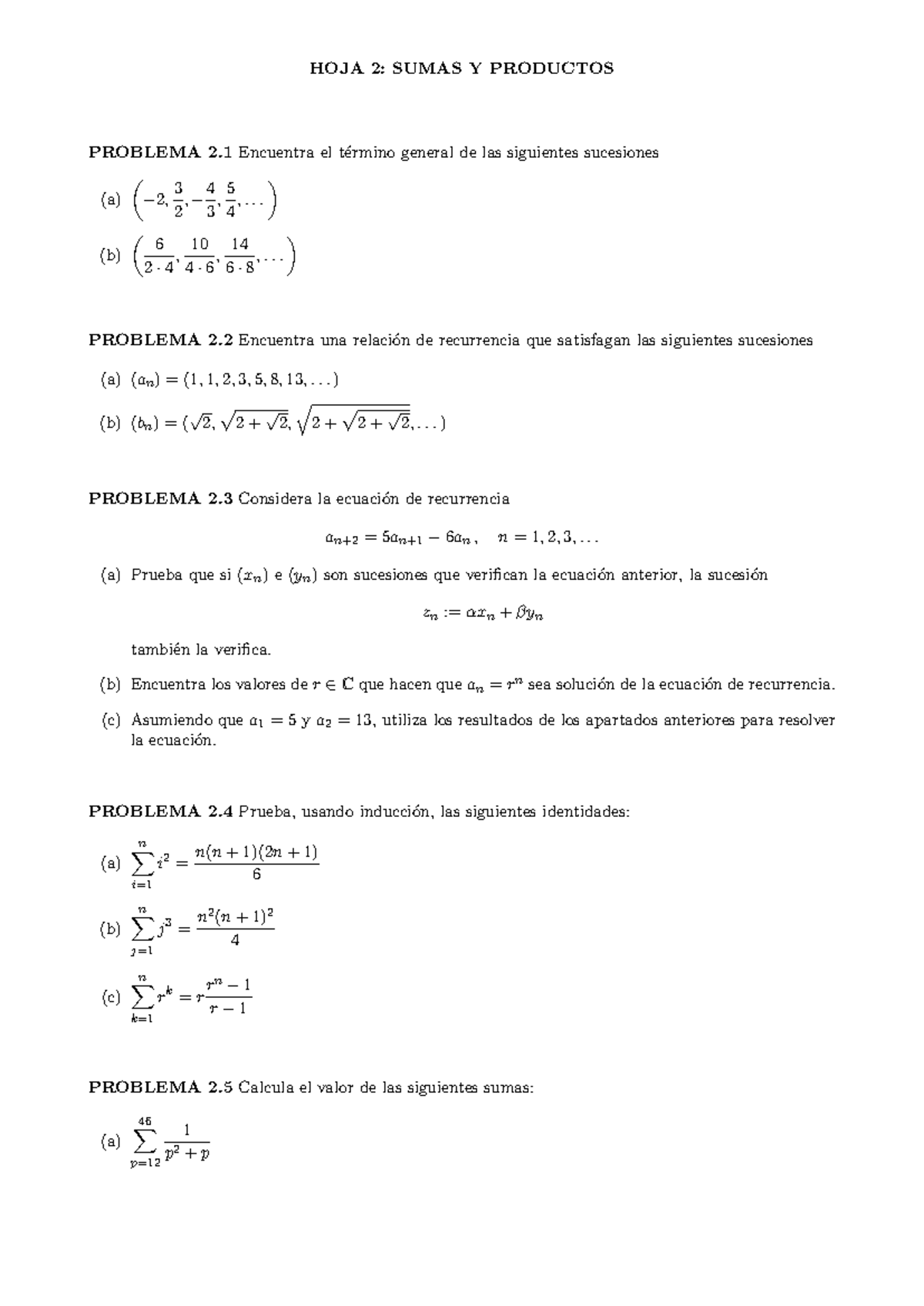 Hoja 2: Ejercicios de Sumas y Productos en Matemáticas - Studocu