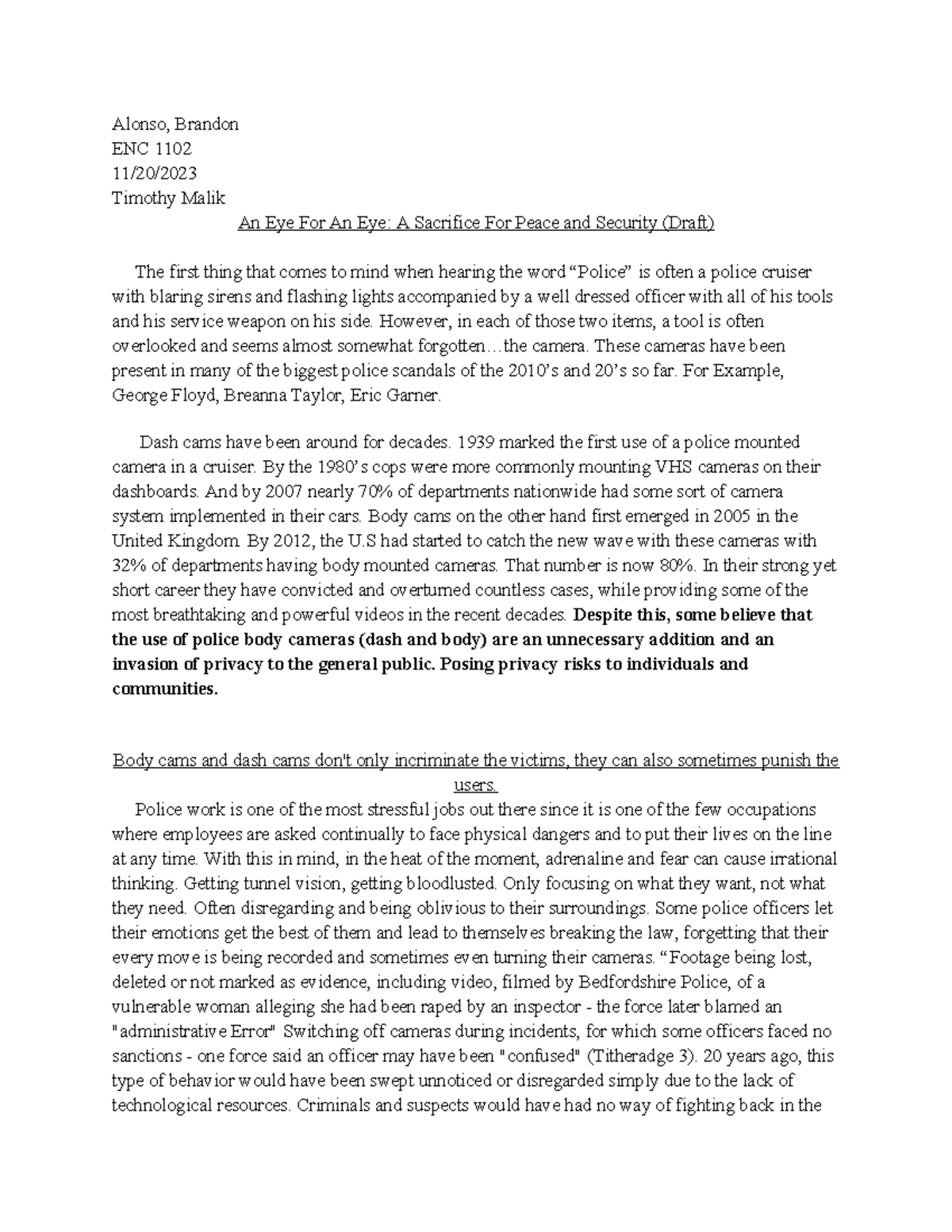 First Draft - kc t - Alonso, Brandon ENC 1102 11/20/ Timothy Malik An ...
