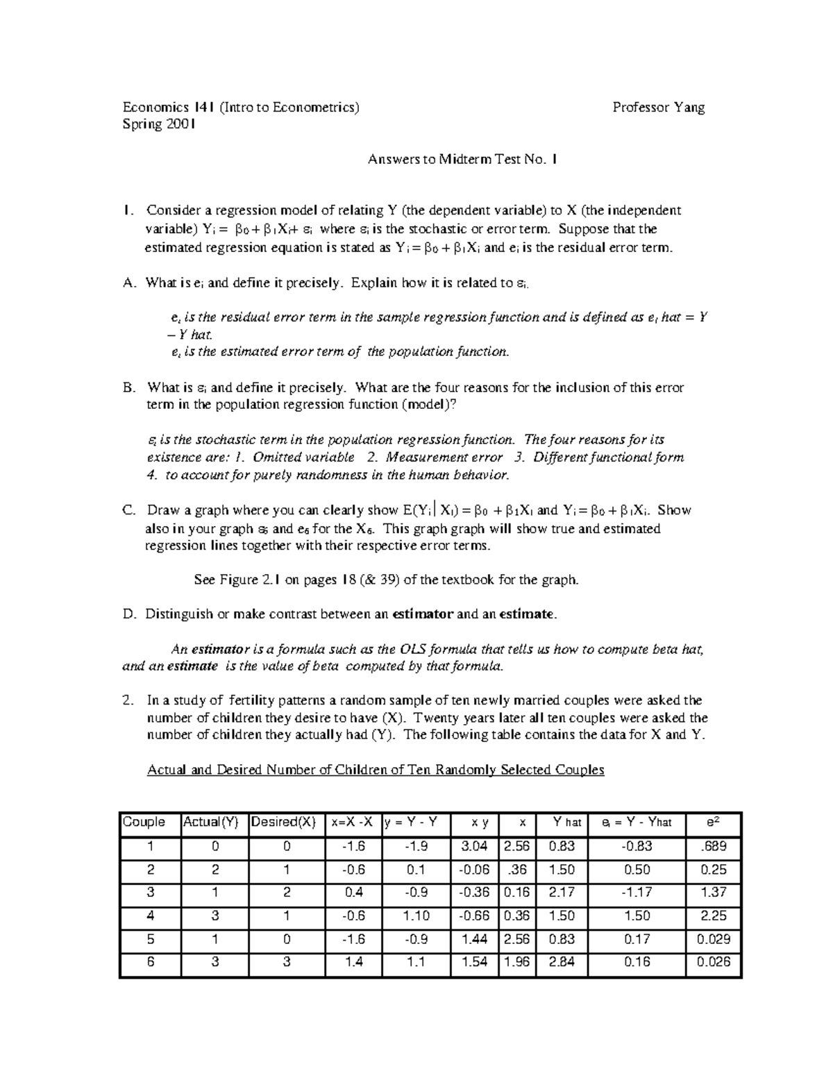 Economics 141: Midterm Test 1 Answers - Intro to Econometrics - Studocu