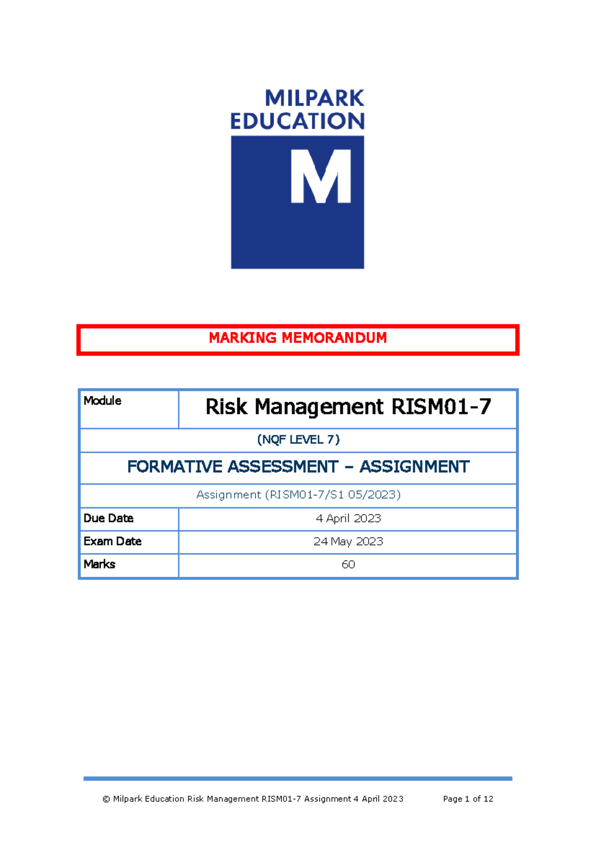Risk Management Formative Assignment Memo RISM01-7 - Studocu