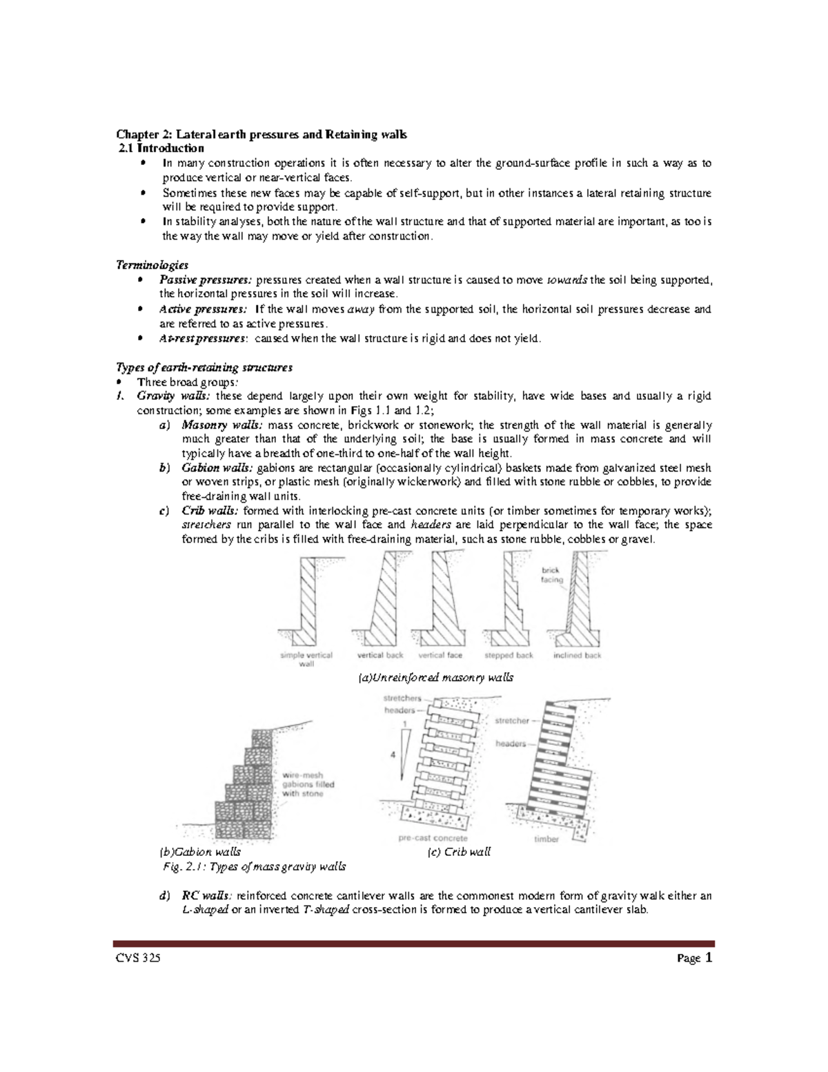 CVS 325 Chapter 2 - Lateral Earth Pressures & Retaining Walls Notes ...