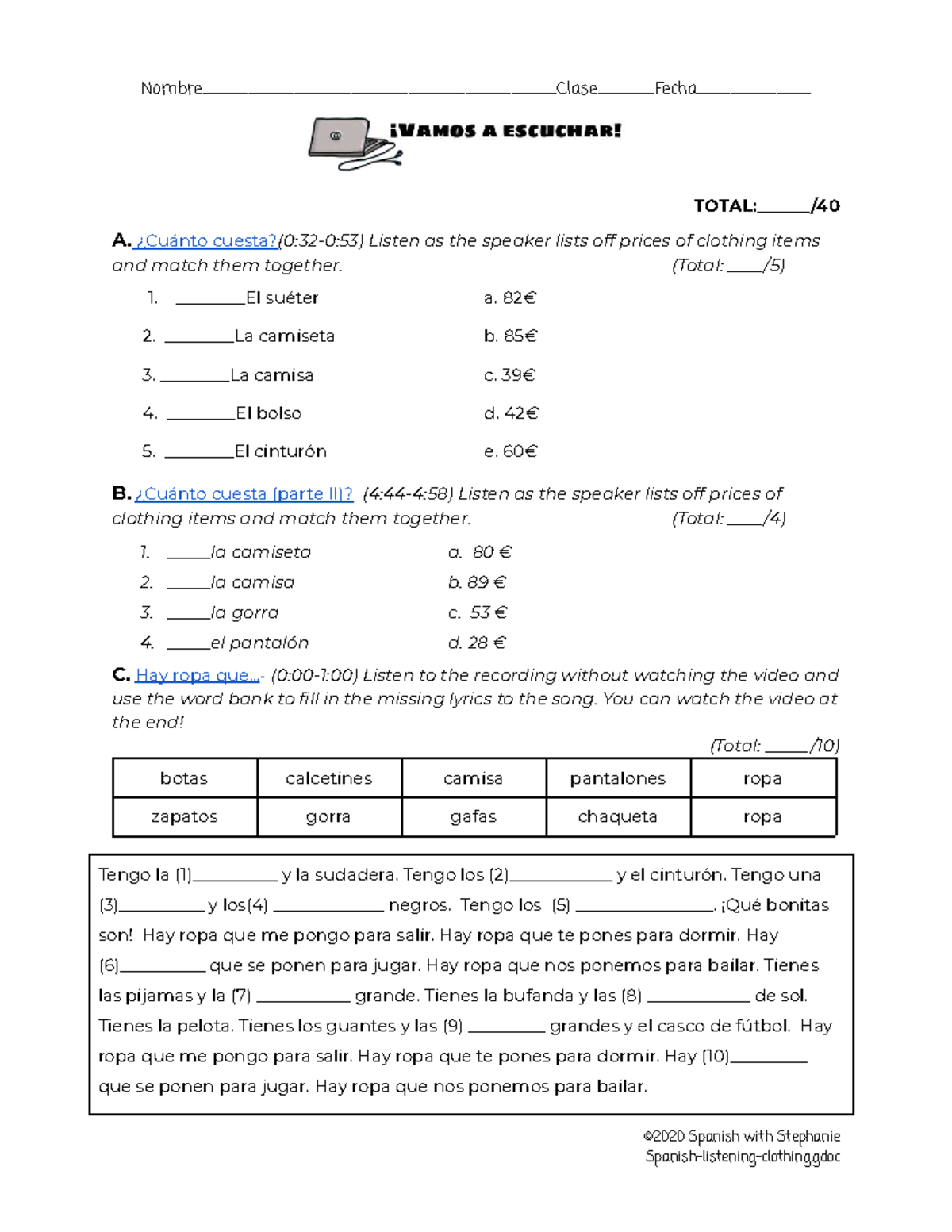 Spanish Listening Exercise: Clothing Prices & Lyrics (Clase) - Studocu