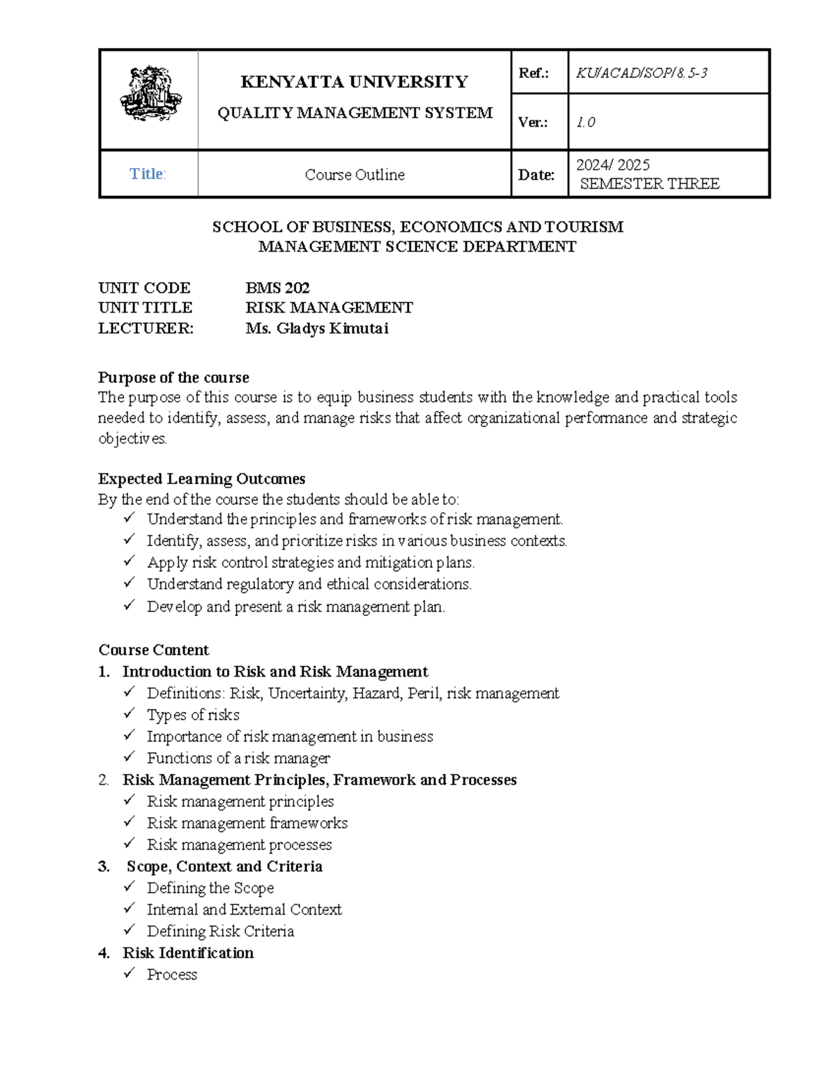 BMS 202 - Risk Management Course Outline for Semester Three - Studocu