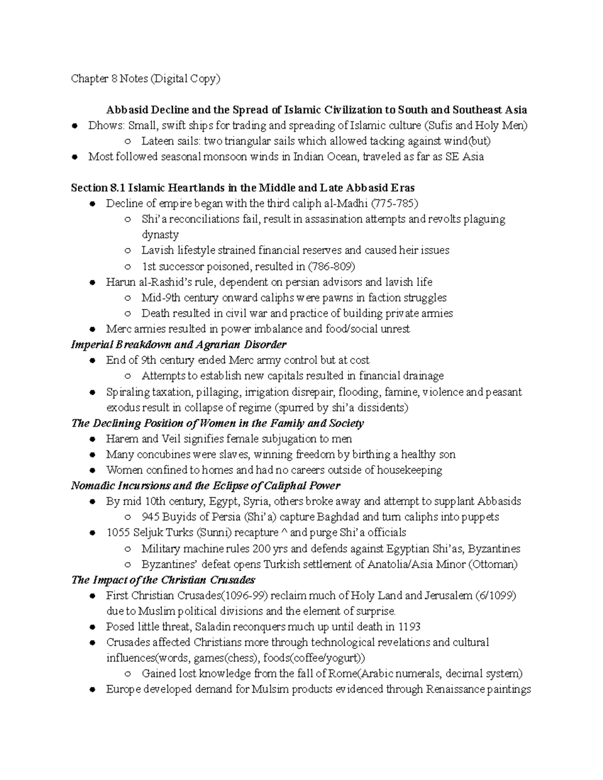 Abbasid Decline & Islamic Civilization Spread - Ch. 8 Notes - Studocu