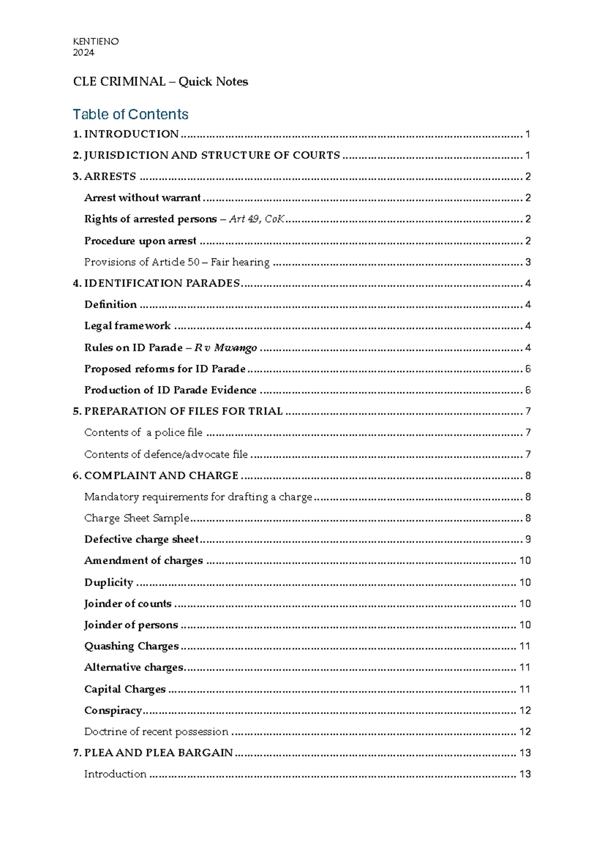 KENTIENO 2024 CLE CRIMINAL Quick Notes: Key Legal Concepts & Procedures ...