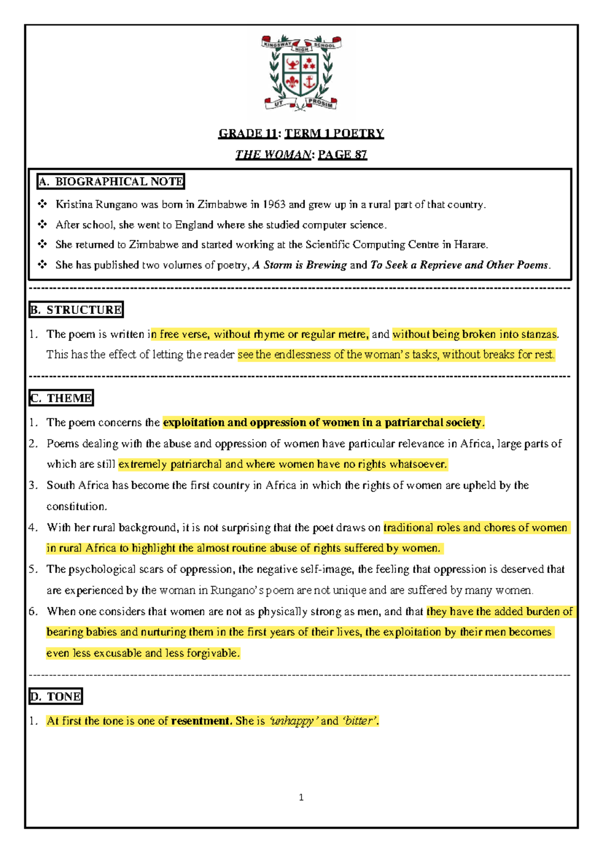 Grade 11: Term 1 Poetry Analysis - "The Woman" Notes - Studocu