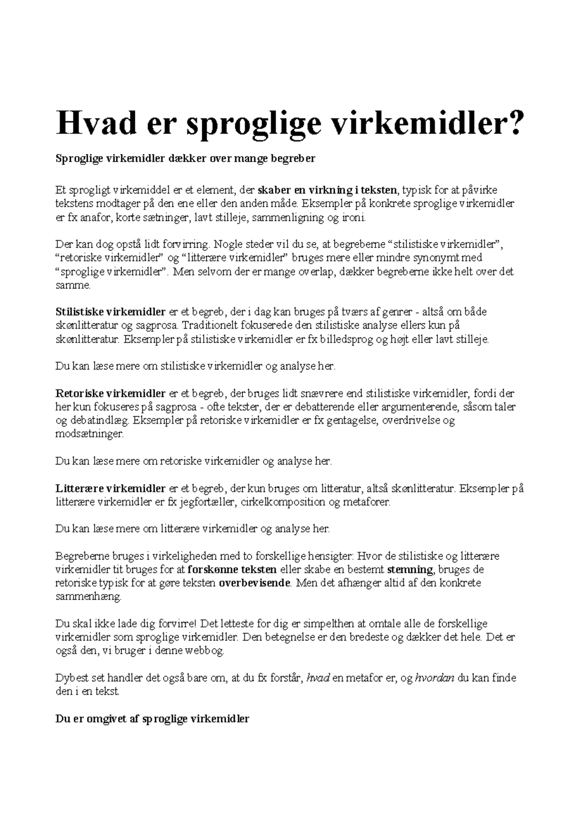 Sproglige Virkemidler: Definitioner og Eksempler til Analyse - Studocu