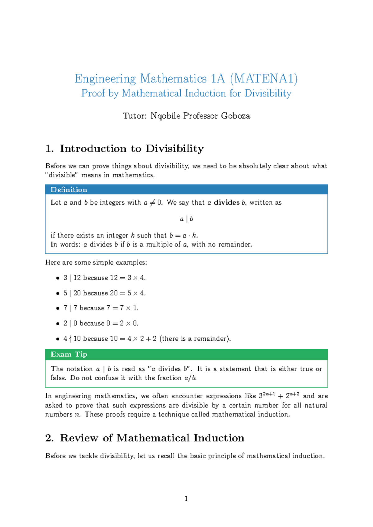 Engineering Mathematics 1A (MATENA1) Proofs of Divisibility via ...