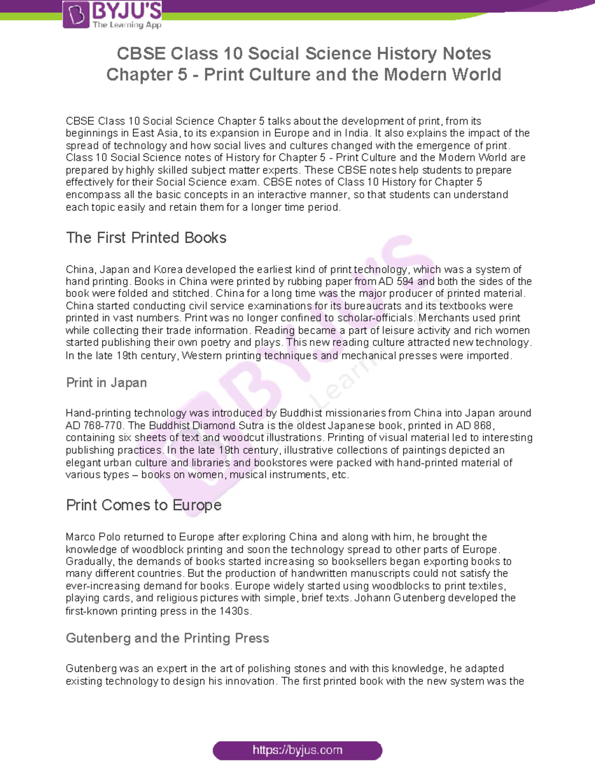 CBSE Class 10 Social Science History Notes Chapter 5 Print Culture and ...