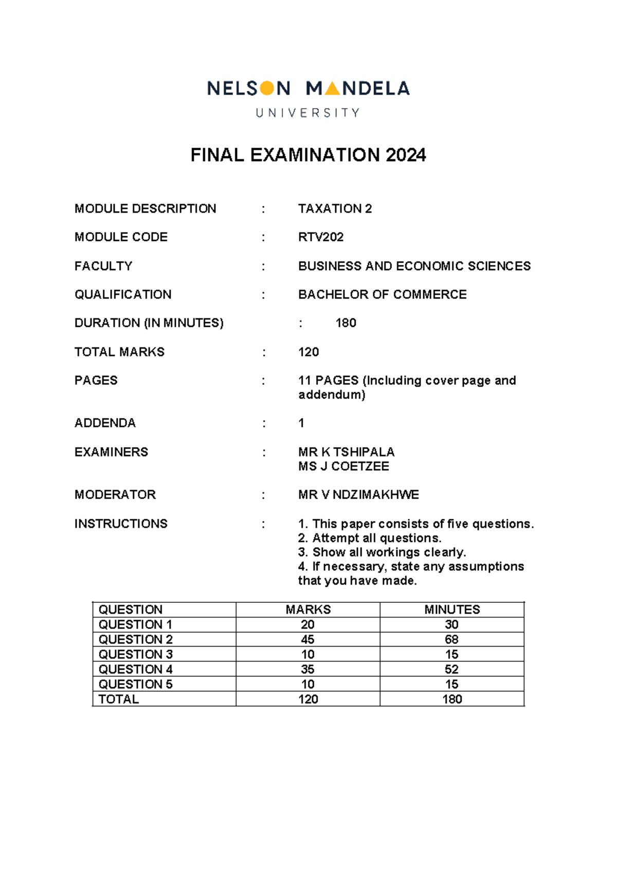 RTV202 EXAM 2024 QP Final - FINAL EXAMINATION 2024 MODULE DESCRIPTION ...