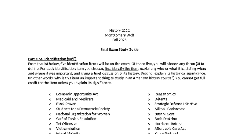 History 2112 Montgomery Wolf Fall 2025 Final Exam Study Guide - Studocu
