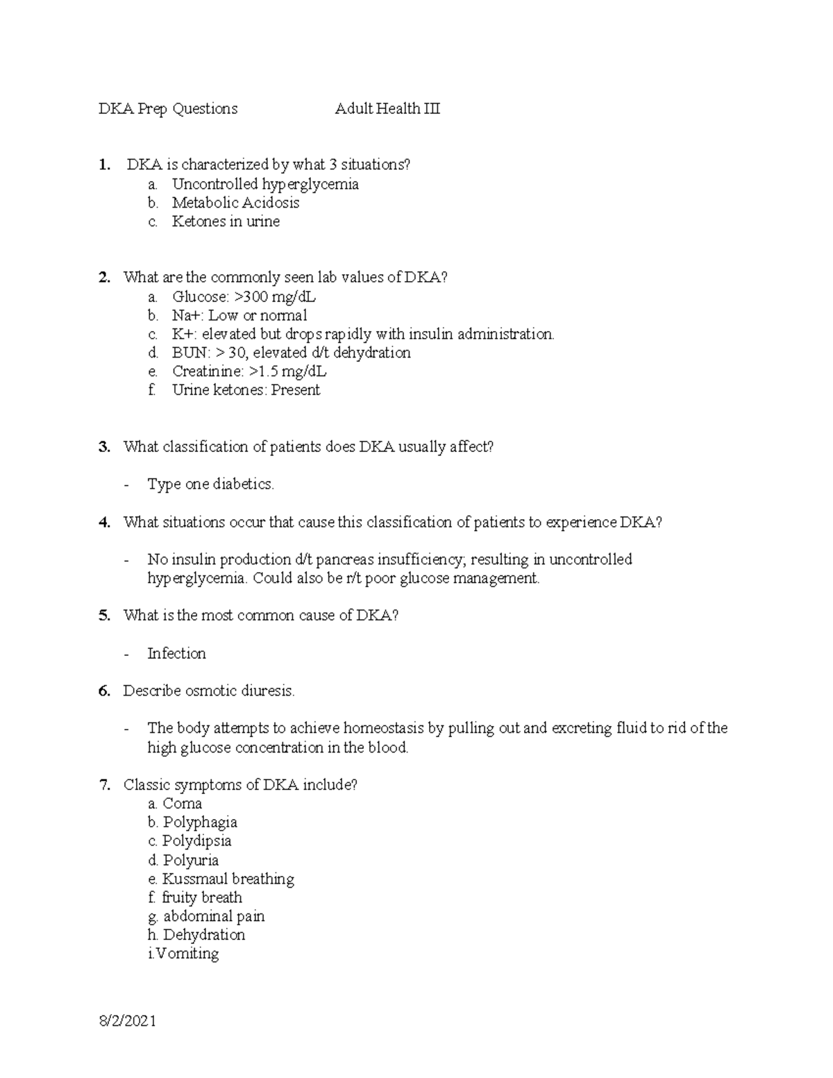 DKA Simulation Prep Questions - Adult Health III - Final Exam Review ...