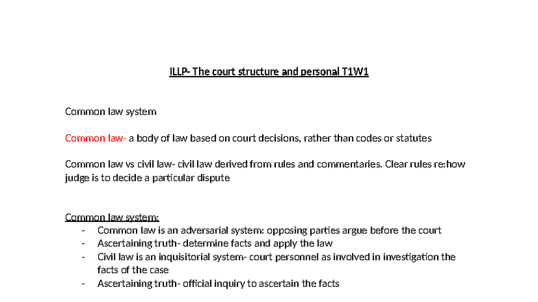 Court Structure and Personnel T1W1: Common Law vs Civil Law - Studocu