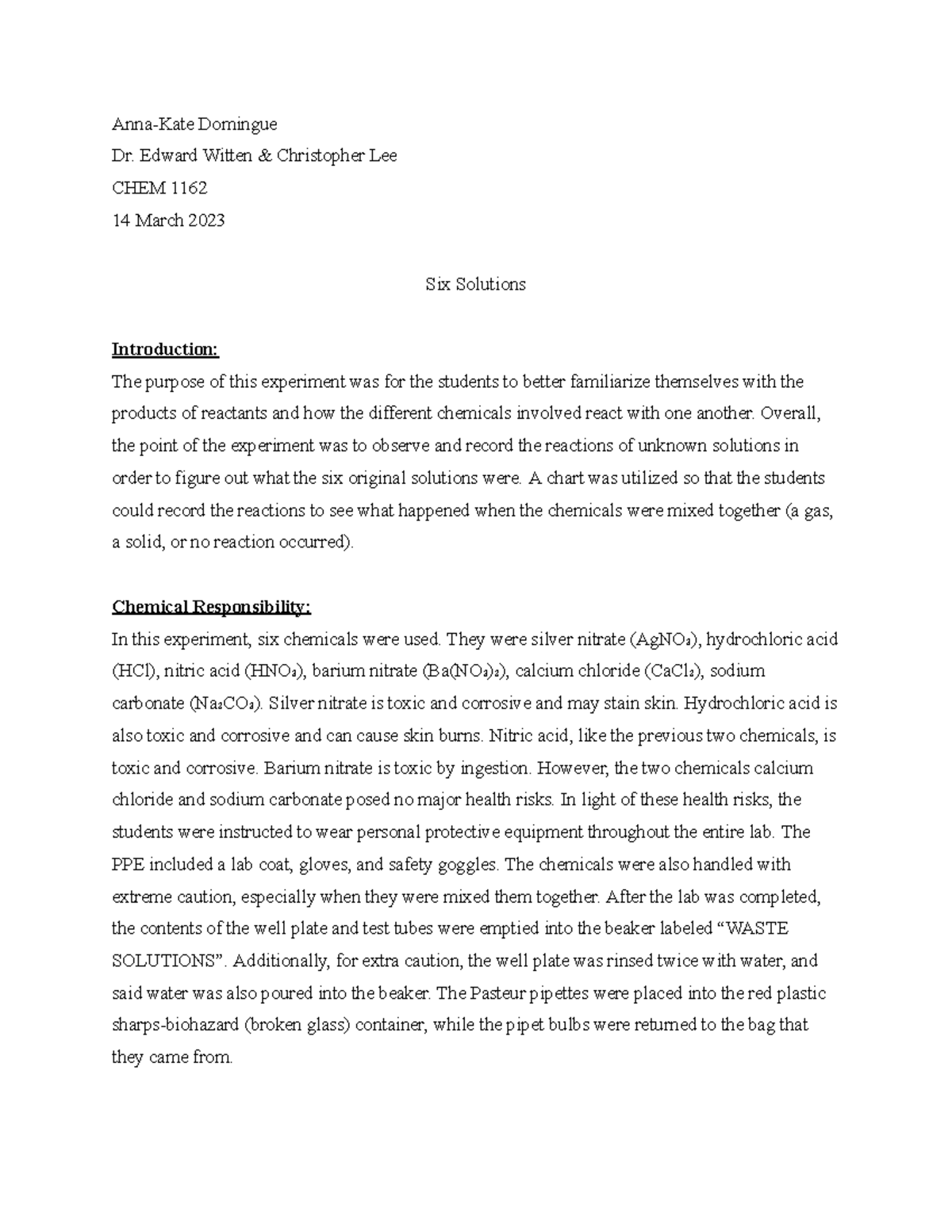 CHEM 1162 Final Lab Report: Analysis of Six Solutions Experiment - Studocu