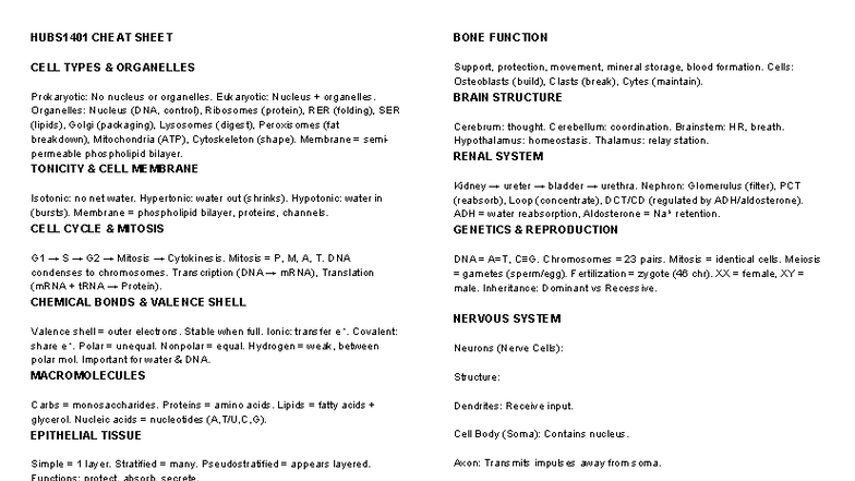 HUBS1401 Cheat Sheet: Bone Function, Cell Types & Organelles - Studocu