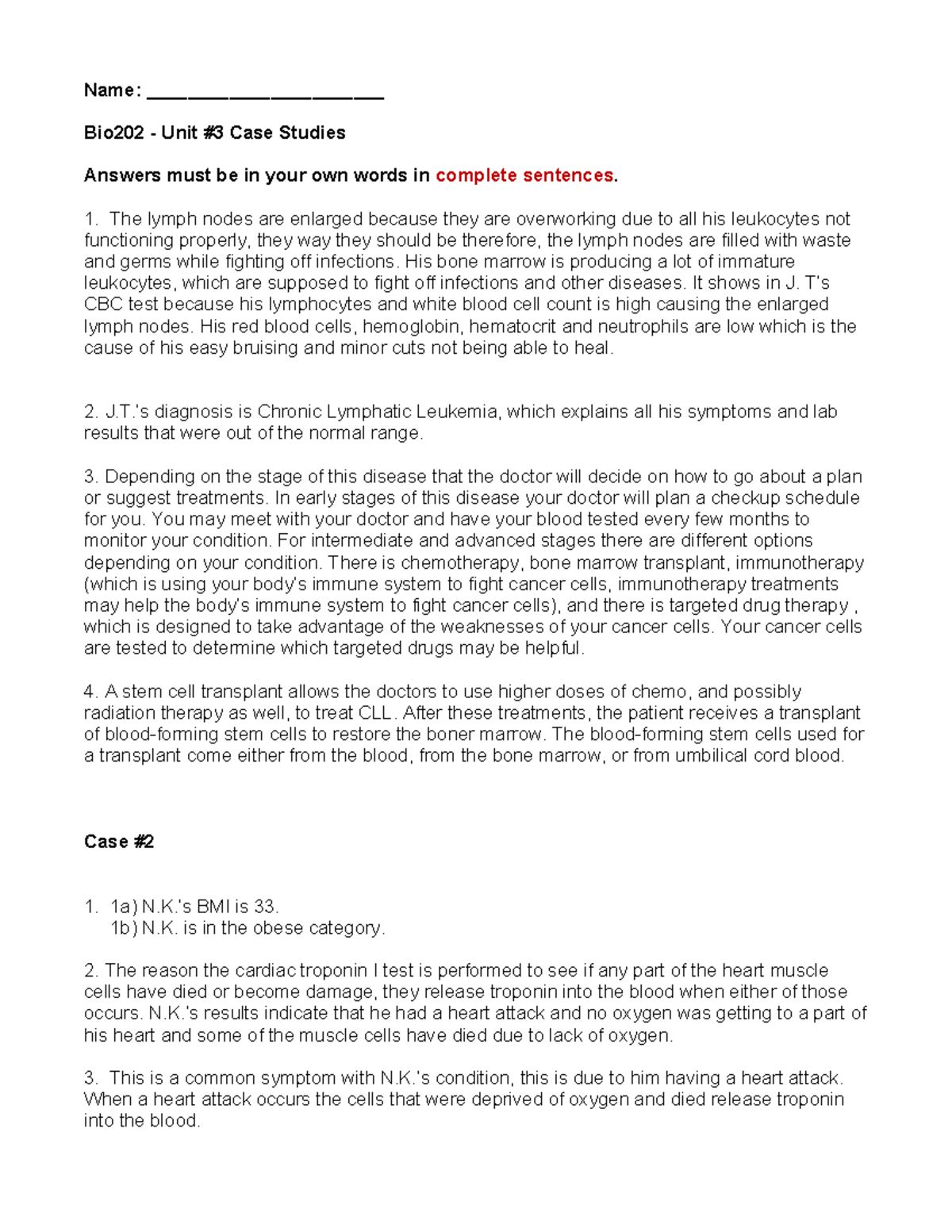 Bio202 20F Unit 3 Case Study: Chronic Lymphatic Leukemia & Heart ...