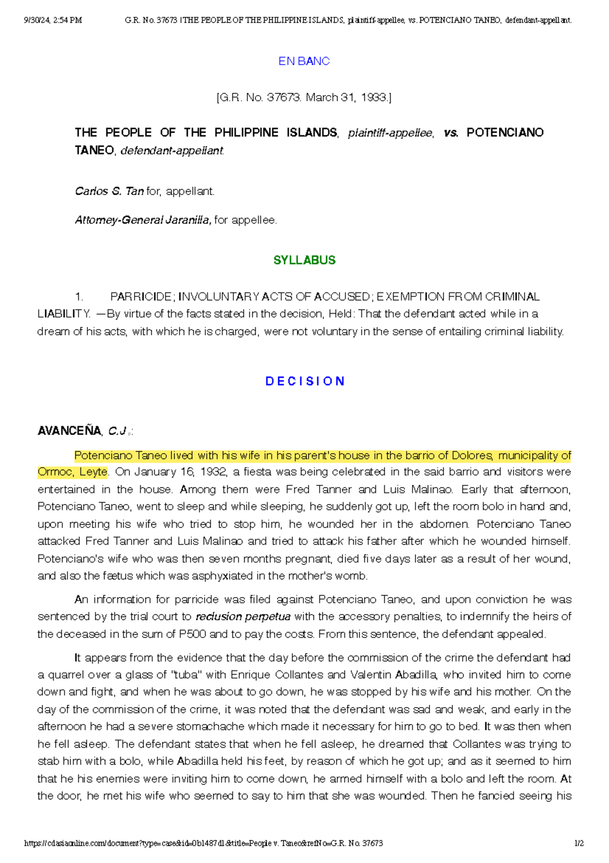 (4) Case Study: People v. Taneo - G.R. No. 37673 (March 31, 1933) - Studocu